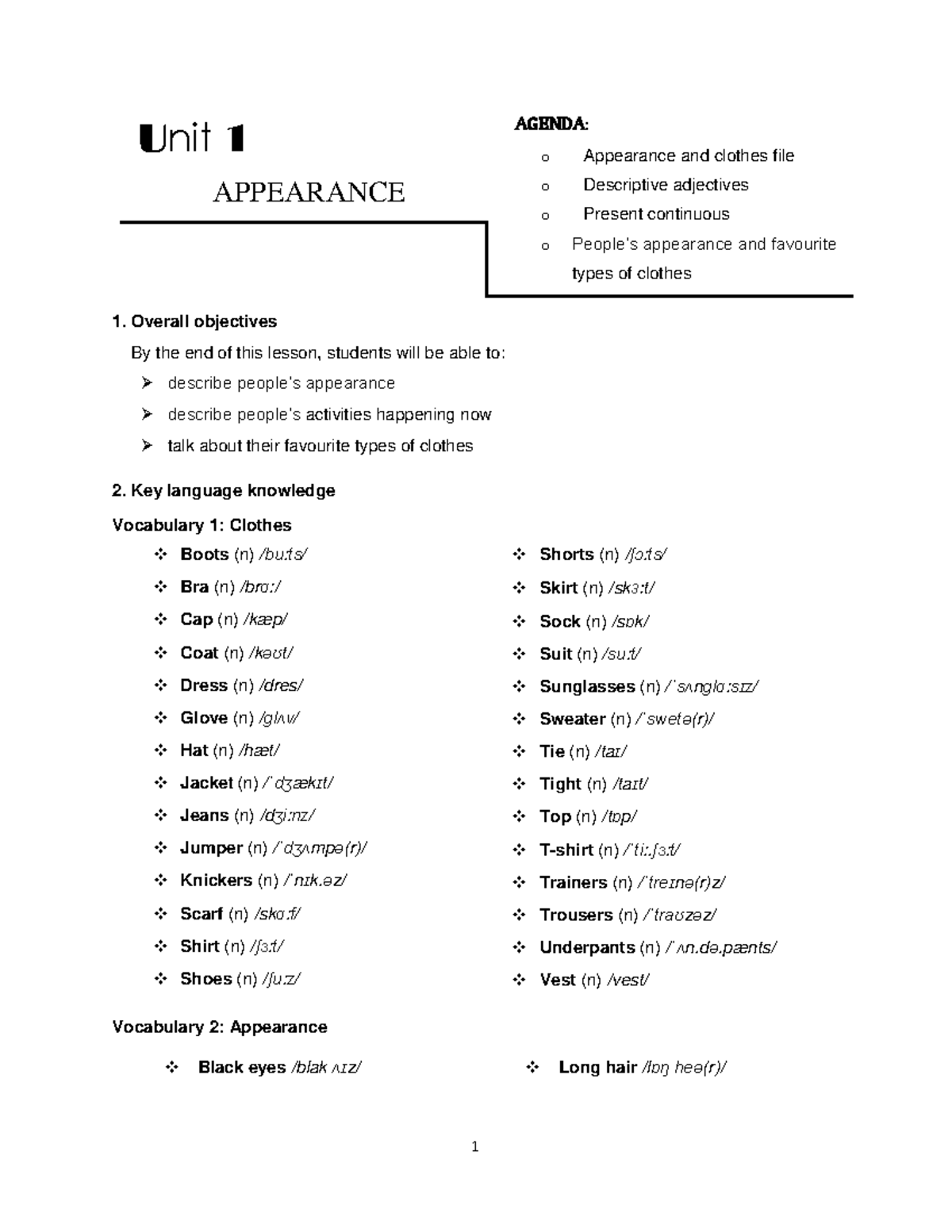 Unit 1- Student's book - kin htt - Unit 1 APPEARANCE AGENDA: o ...