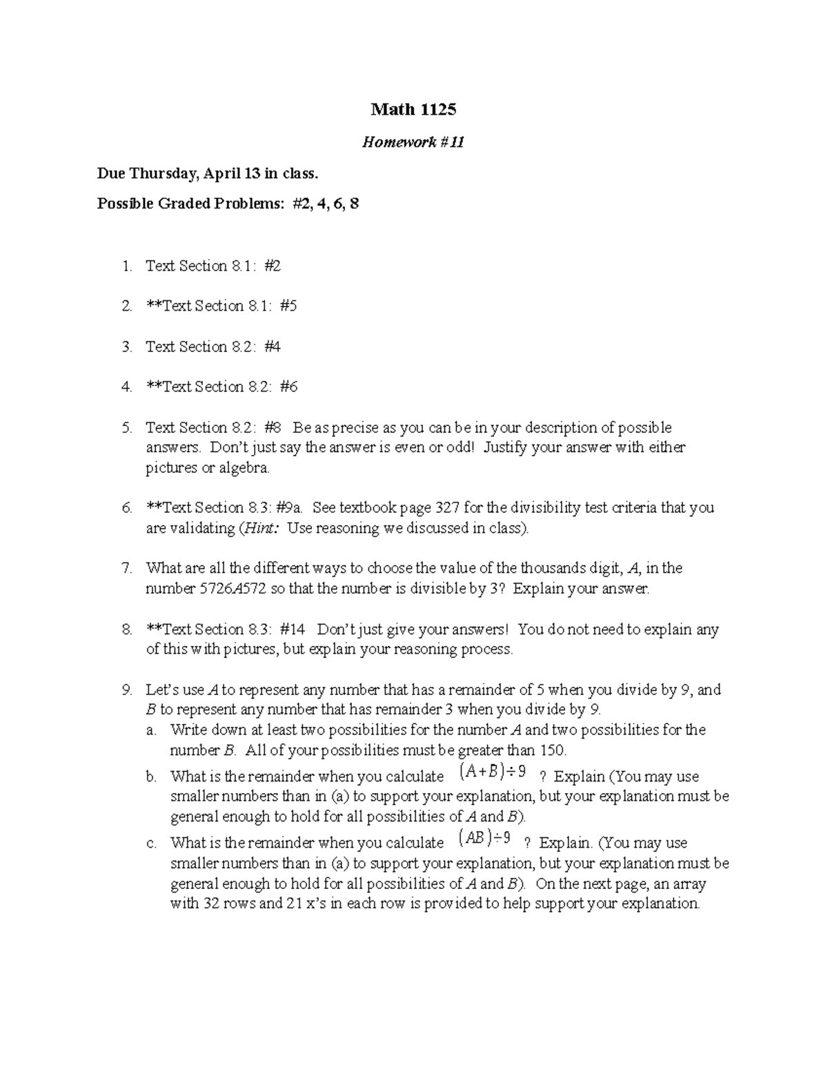 1125HW11 - Homwork assignment, problem solving - Math 1125 Homework ...