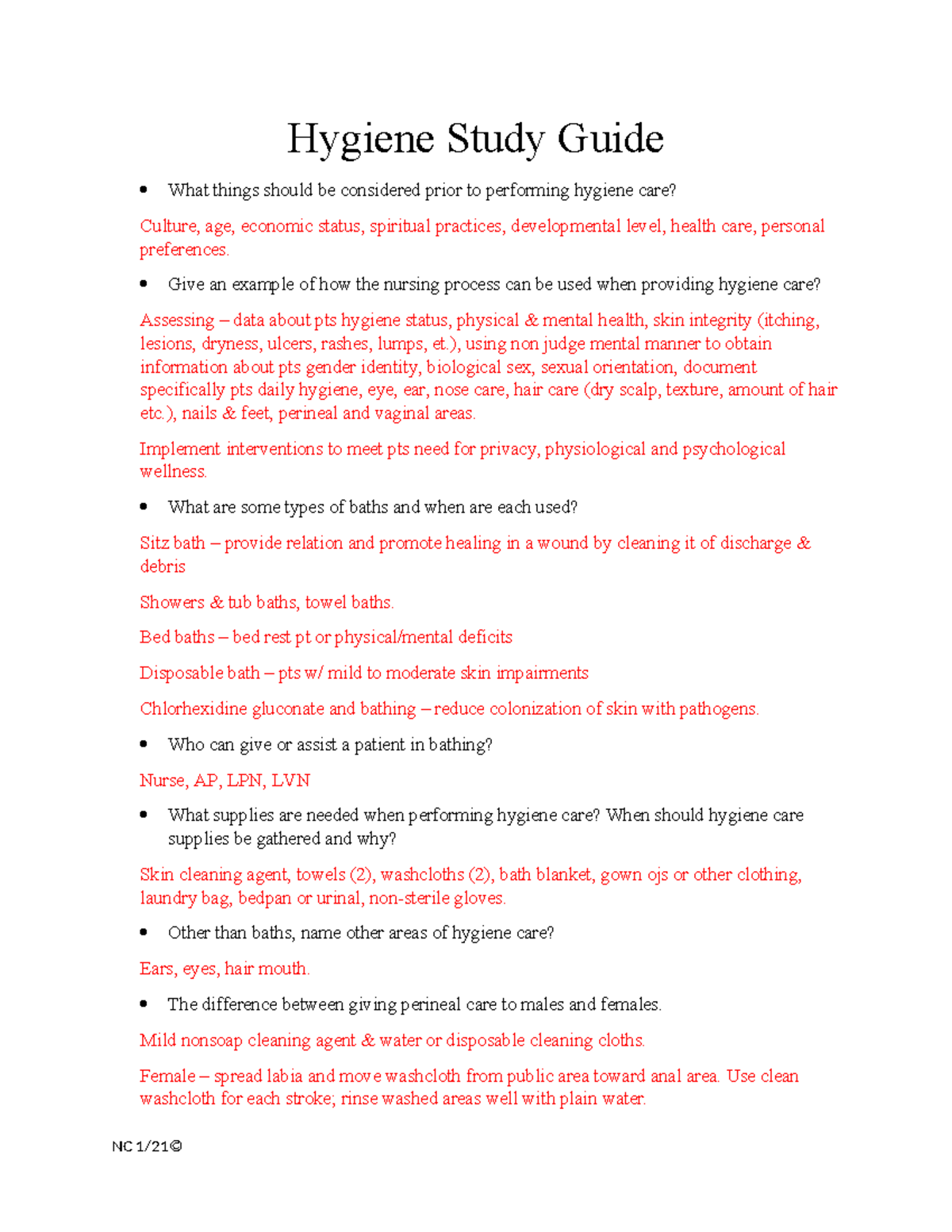Hygiene Care Study Guide for Nursing Process (NUR 101) - Hygiene Study ...