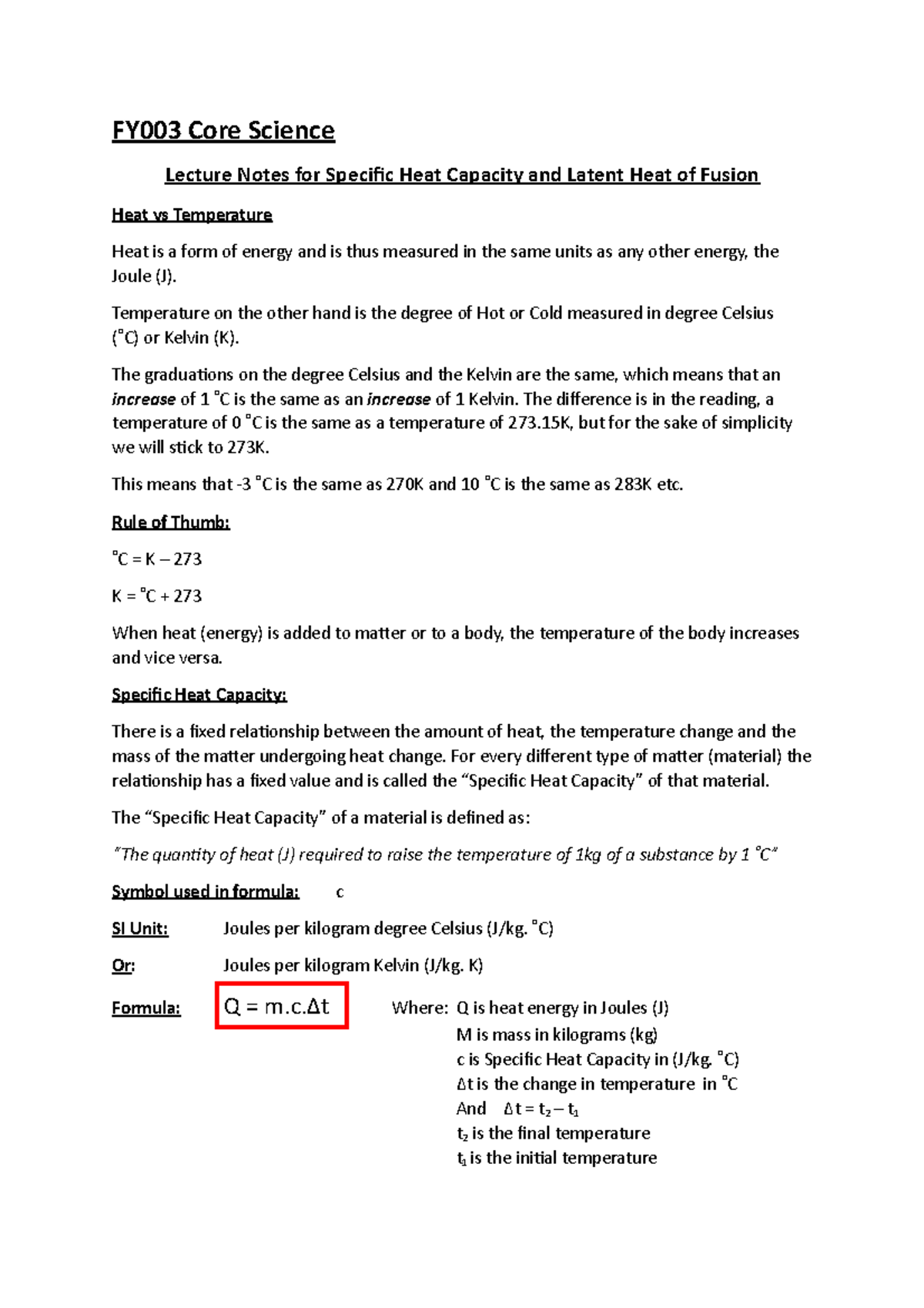FY003 Heat Lecture Notes - FY003 Core Science Lecture Notes for ...