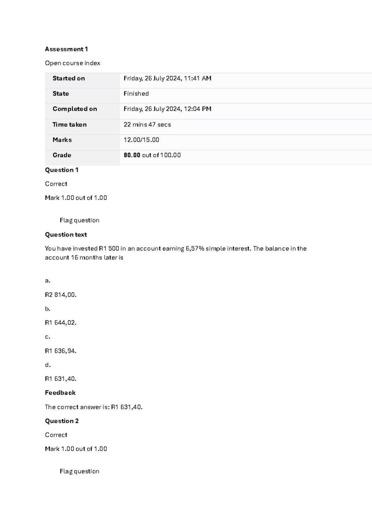 DSC1630 Assignment 1 Attempt 2 - Assessment 1 Open course index Started on Friday, 26 July 2024 ...