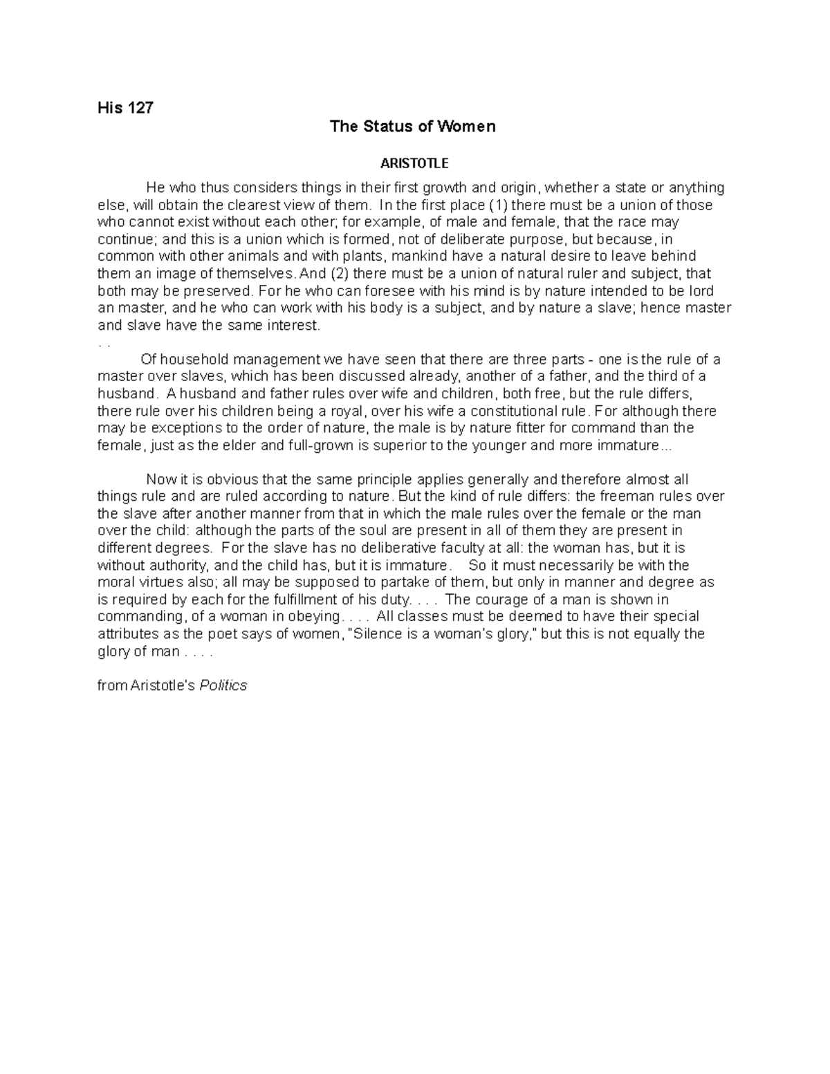 Aristotle on Women ps - His 127 The Status of Women ARISTOTLE He who ...