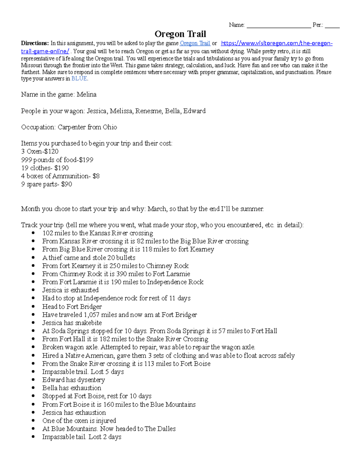 Oregon Trail Student Worksheet (1) Completed - Name ...