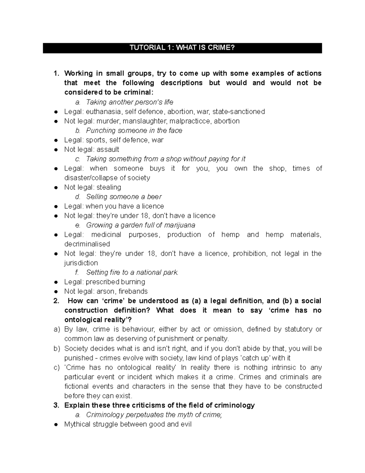 Laws1110 tutes (notes) - TUTORIAL 1: WHAT IS CRIME? 1. Working in small ...