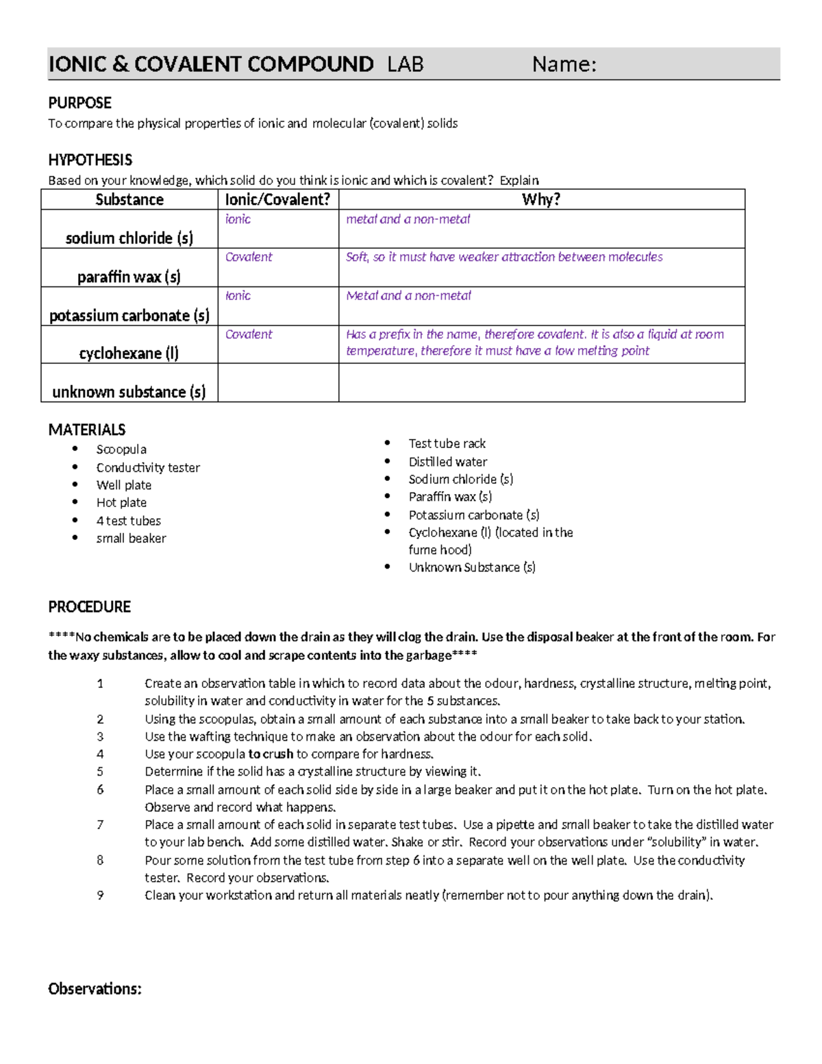 Lab ionic and covalent compounds solutions - IONIC & COVALENT COMPOUND LAB Name: PURPOSE To ...