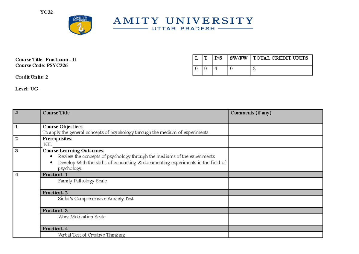 New Syllabus 155202063034224 - YC Course Title: Practicum - II Course ...