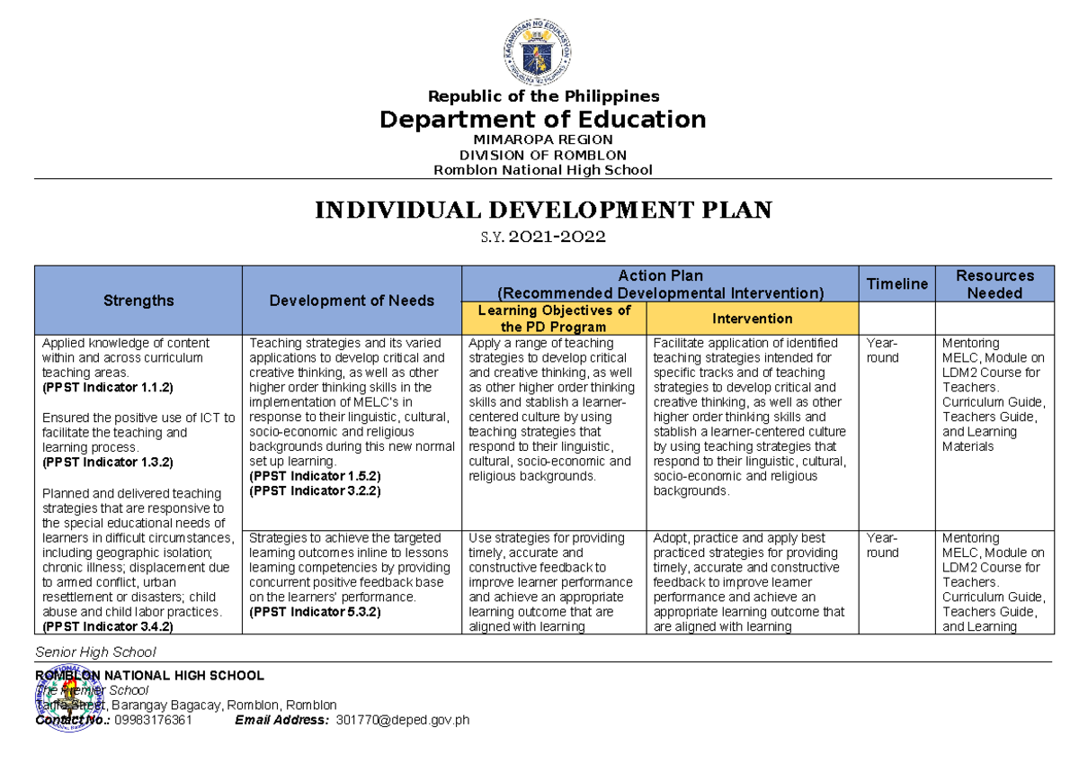 SHS IDP Liberato Kevin F - Republic of the Philippines Department of ...