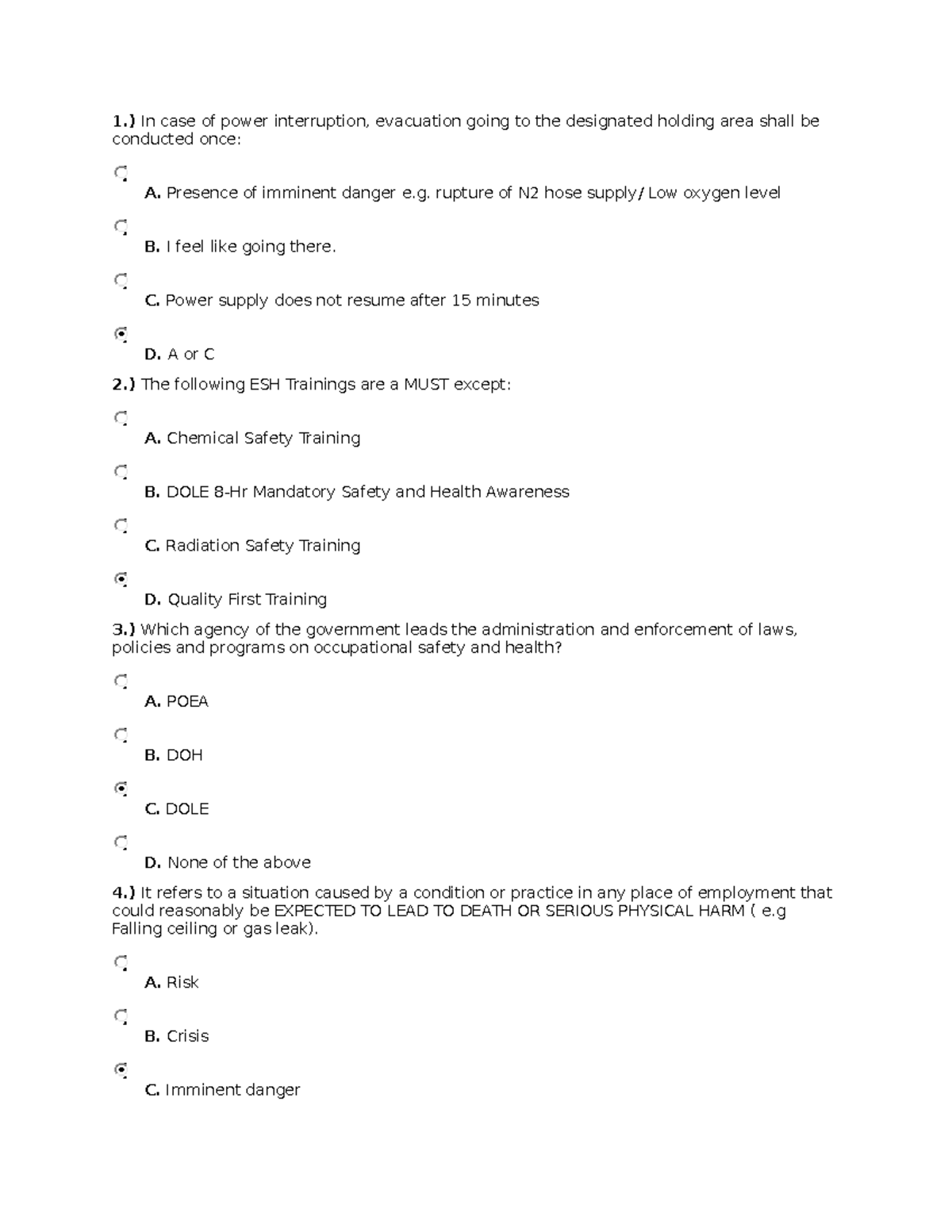 DOLE exam - Practice exam for DOLE - 1.) In case of power interruption ...