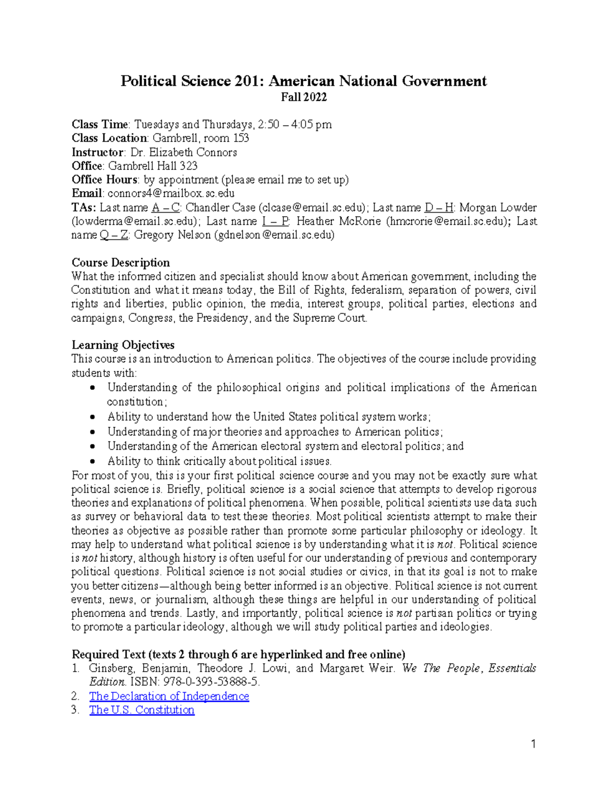Poli 201 Syllabus - Political Science 201: American National Government ...