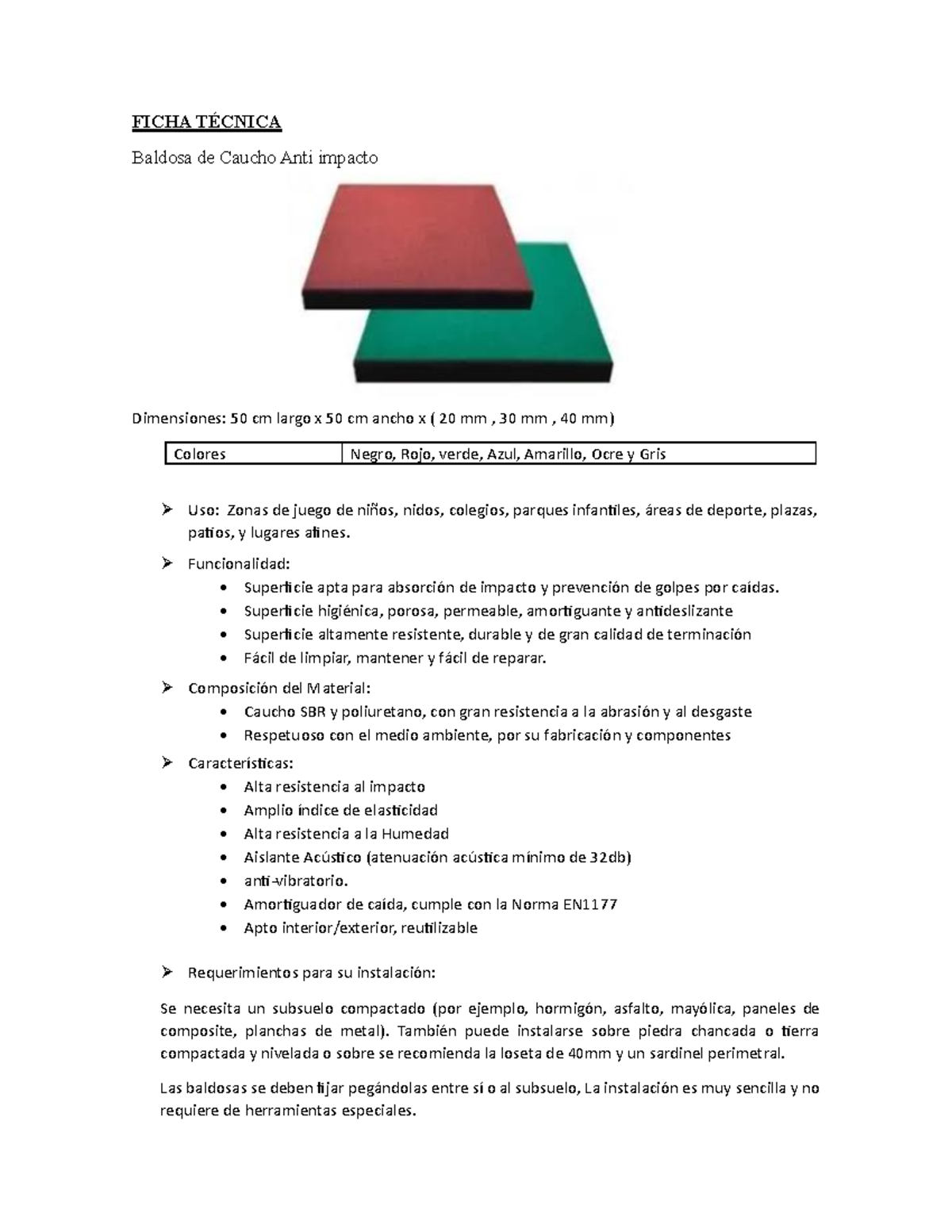 Fichas Técnicas Materiales Patio Blando - FICHA TÉCNICA Baldosa de ...