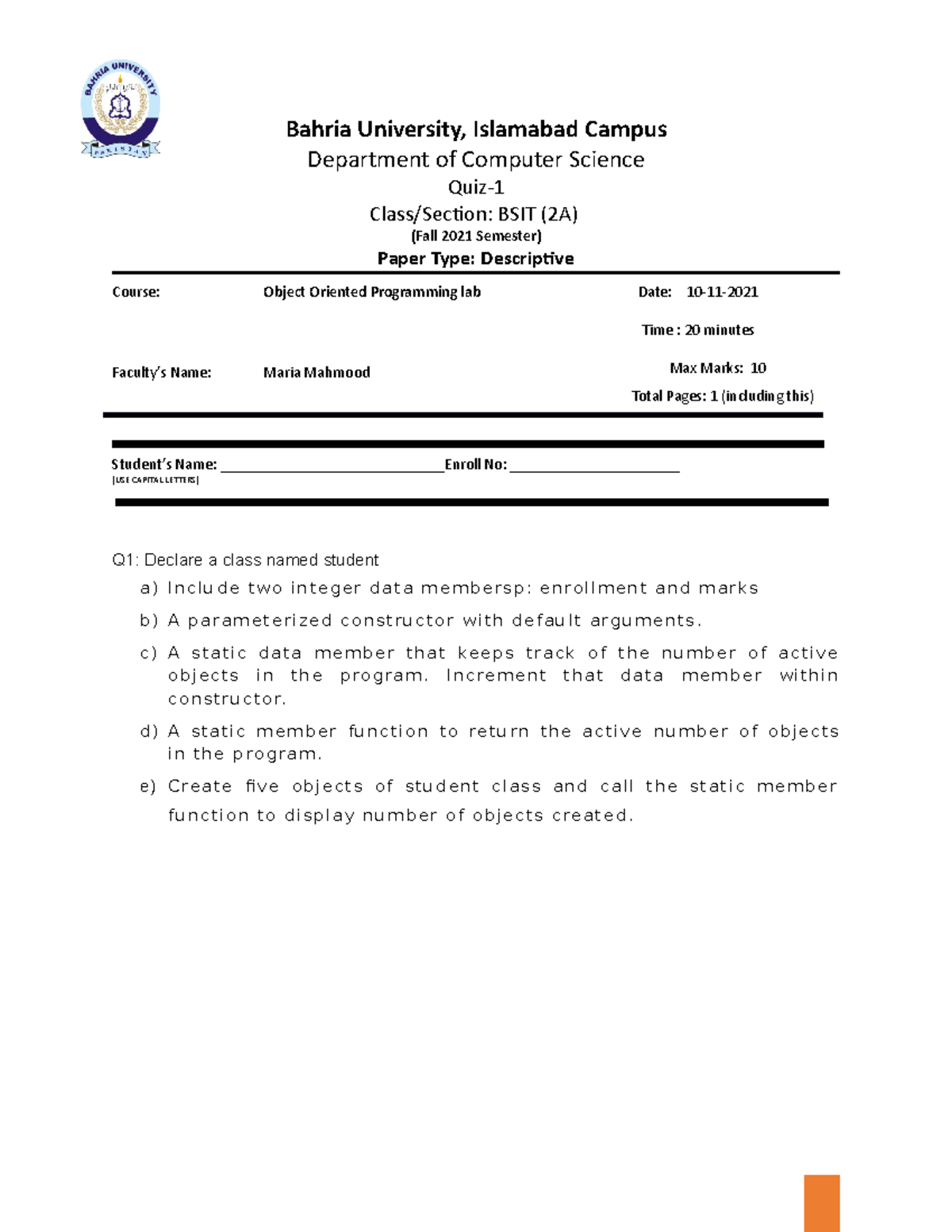 Quiz1-section A - quiz - Bahria University, Islamabad Campus Department of Computer Science Quiz ...