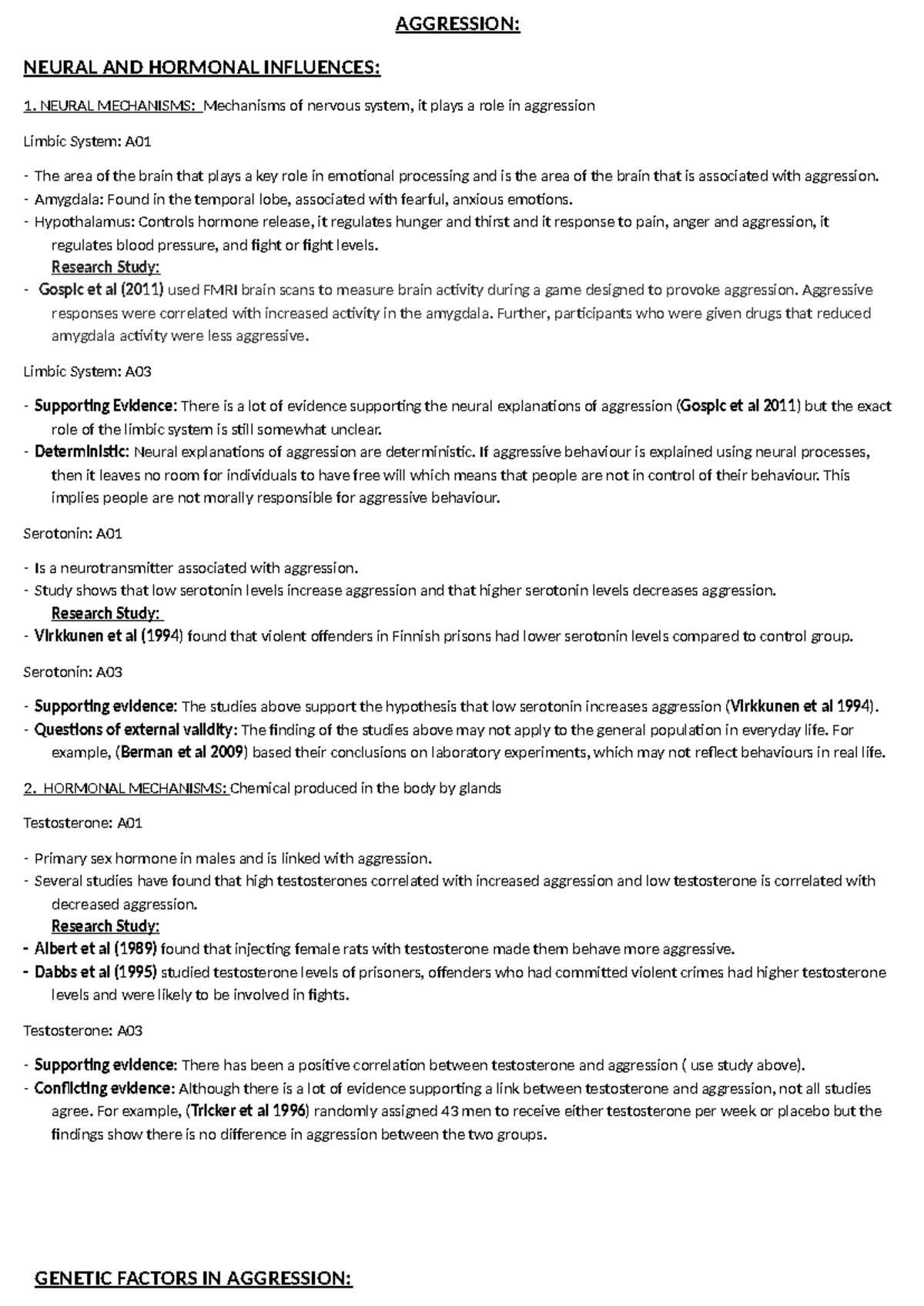 Aggression Notes - AGGRESSION: NEURAL AND HORMONAL INFLUENCES: NEURAL ...