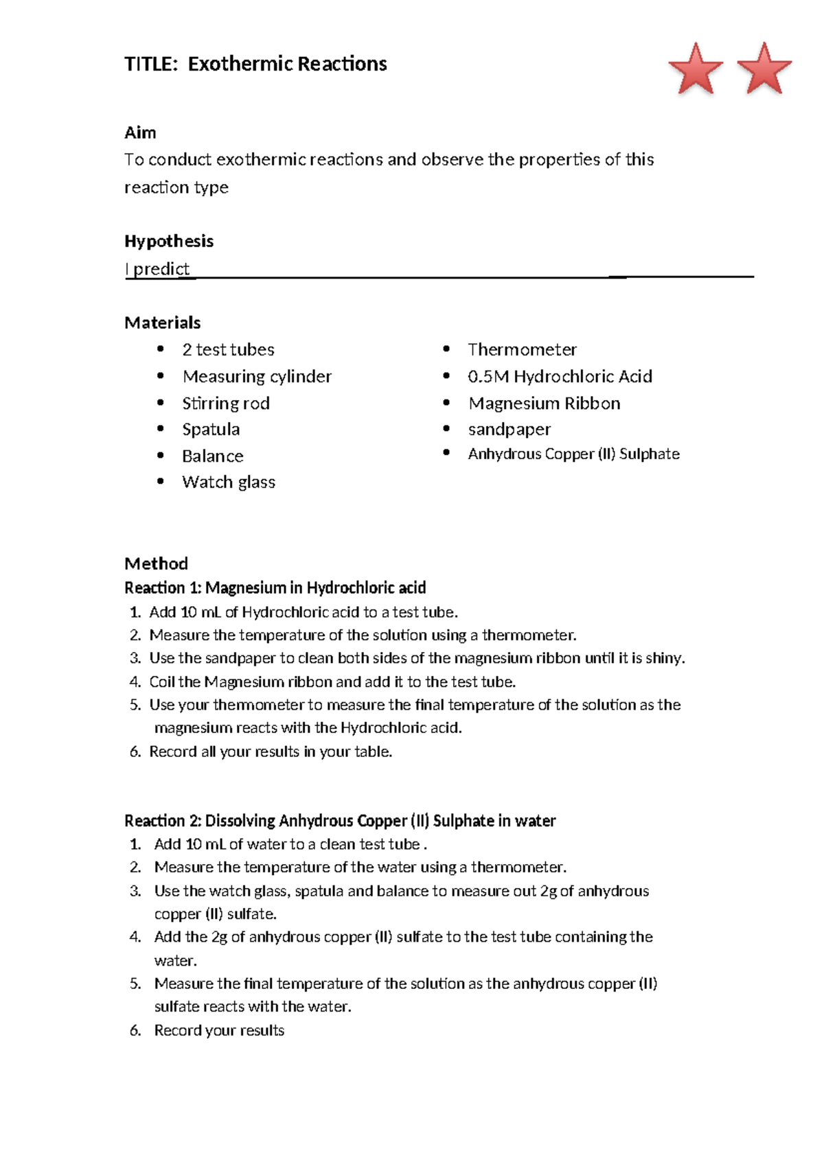 Exothermic Lab Report - TITLE: Exothermic Reactions Aim To conduct ...