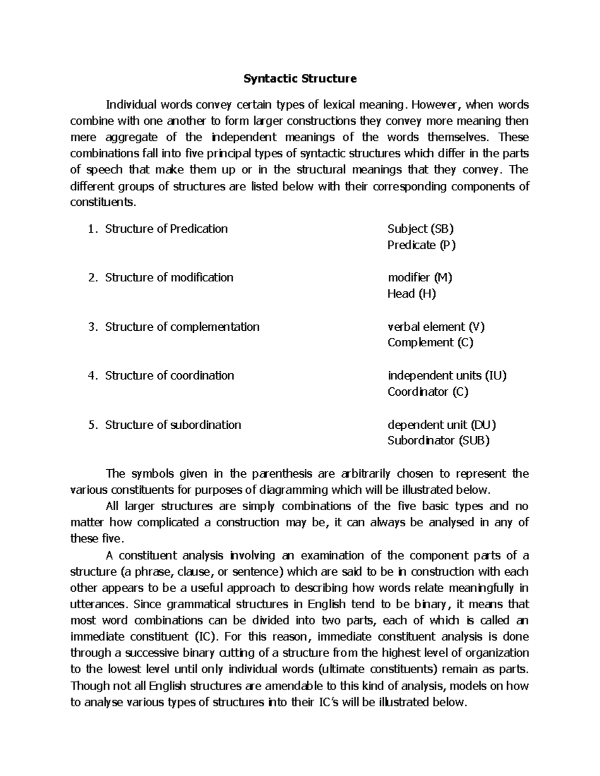 Syntactic Structure Lecture Notes 11 Syntactic Structure Individual Words Convey Certain