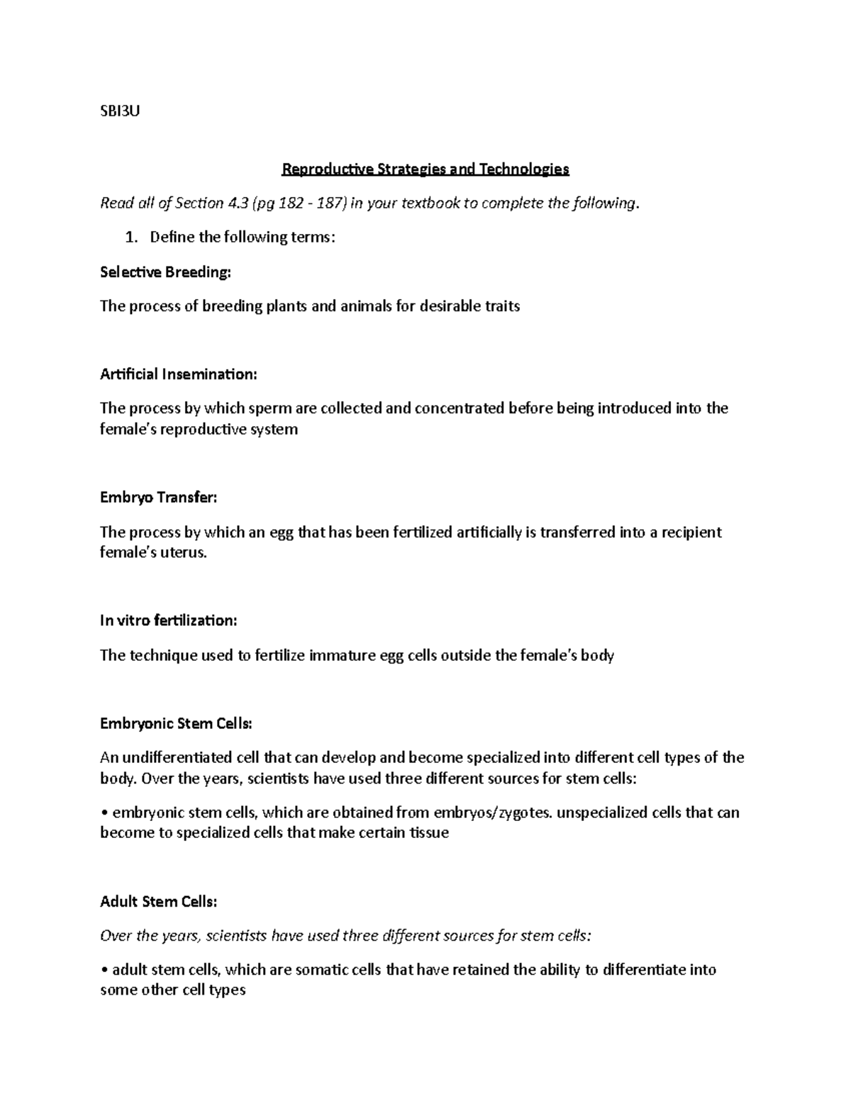 Reproductive Technologies Worksheet - SBI3U Reproductive Strategies and ...