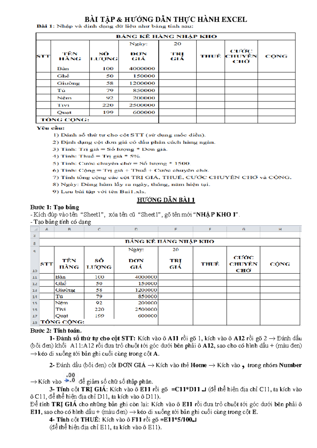 BÀI TẬP & HD TH Excel 20 bai - BÀI TẬP & HƢỚNG DẪN THỰC HÀNH EXCEL HƢỚNG DẪN BÀI 1 Bƣớc 1: Tạo ...