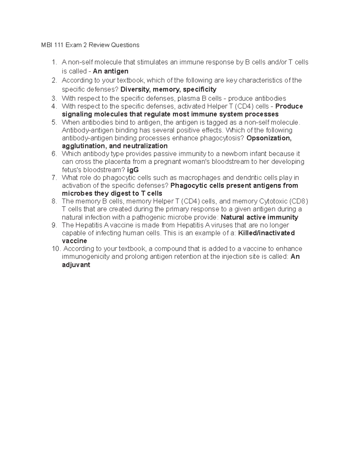 MBI 111 Exam 2 Review Questions - MBI 111 Exam 2 Review Questions 1. A ...