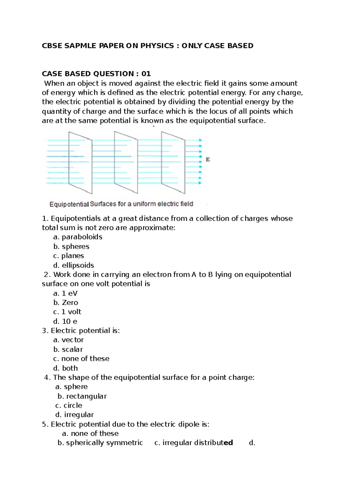 CASE Based Question - CBSE SAPMLE PAPER ON PHYSICS : ONLY CASE BASED ...