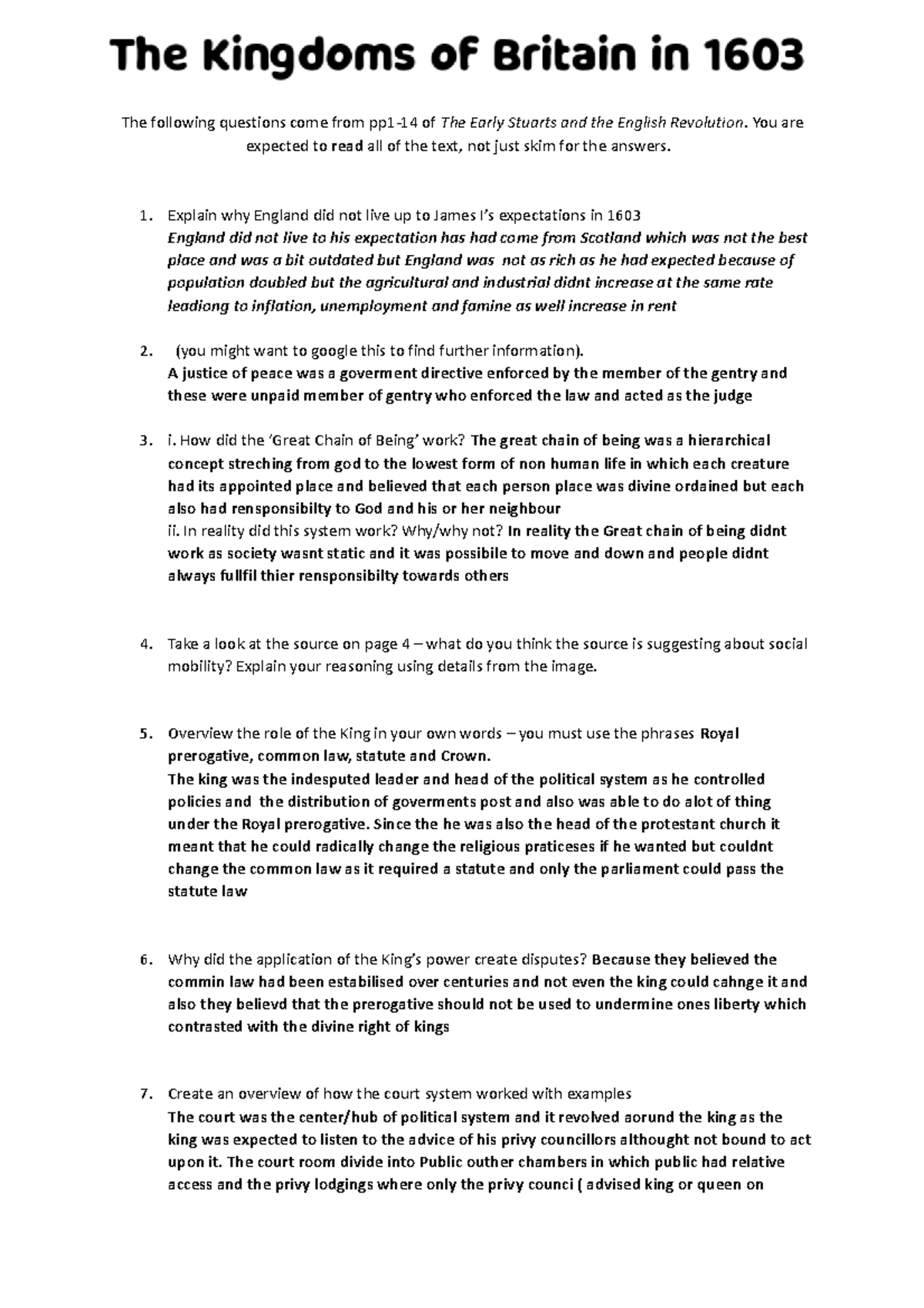 Britain 1603 questions - The following questions come from pp1-14 of ...