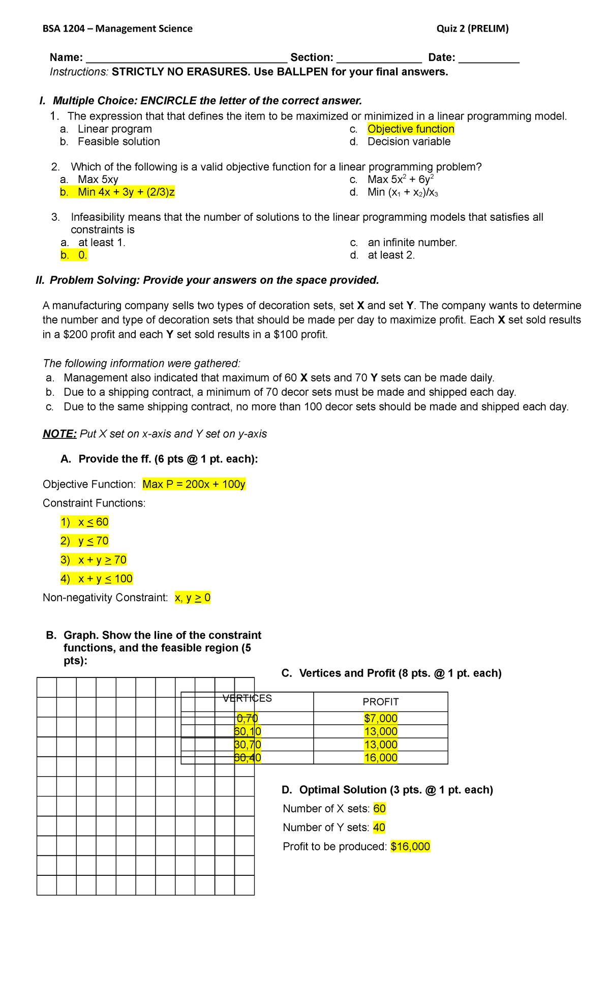 Quiz 2 Preliminary Period Q&A - BSA 1204 – Management Science Quiz 2 ...