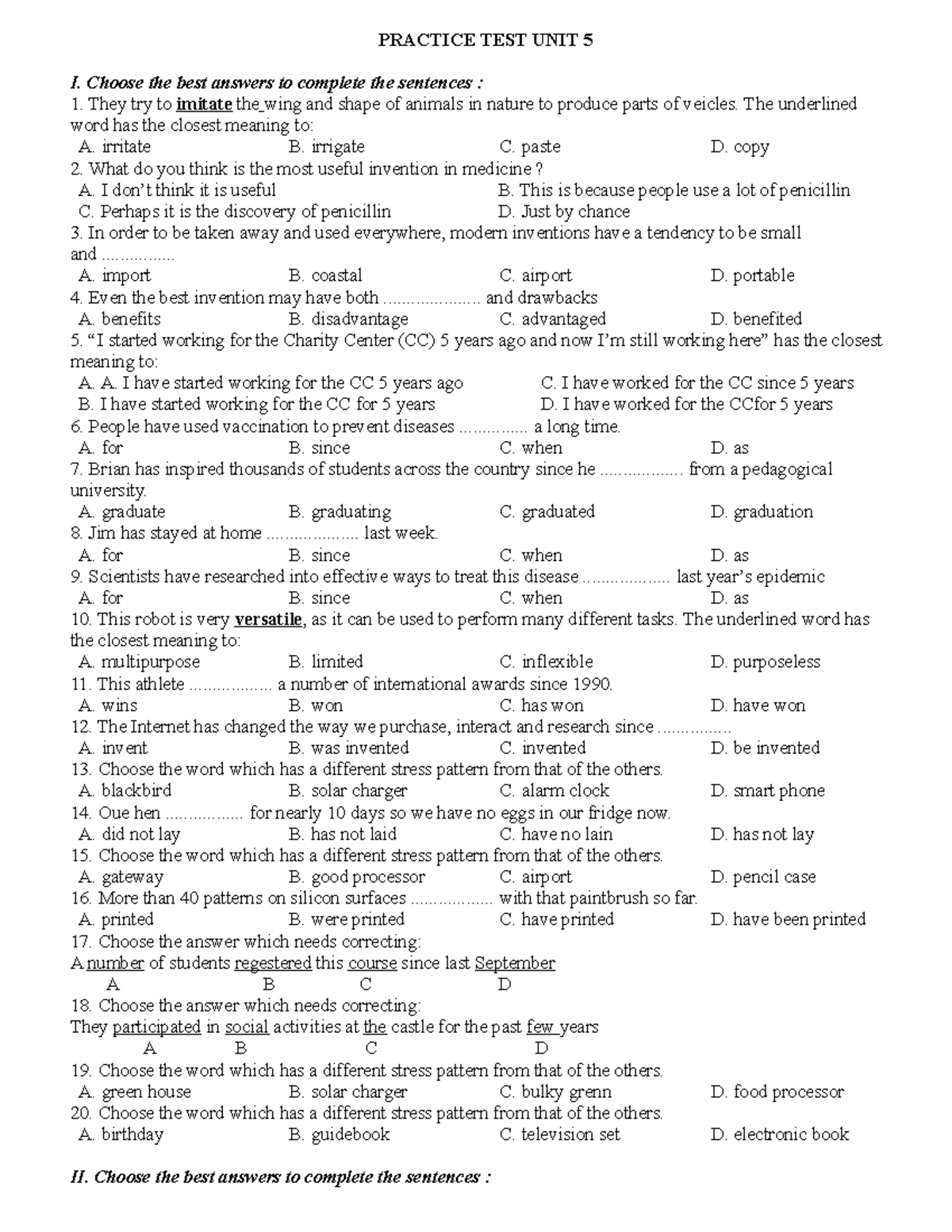 UNIT 5-2 - Practice exercises - PRACTICE TEST UNIT 5 I. Choose the best ...