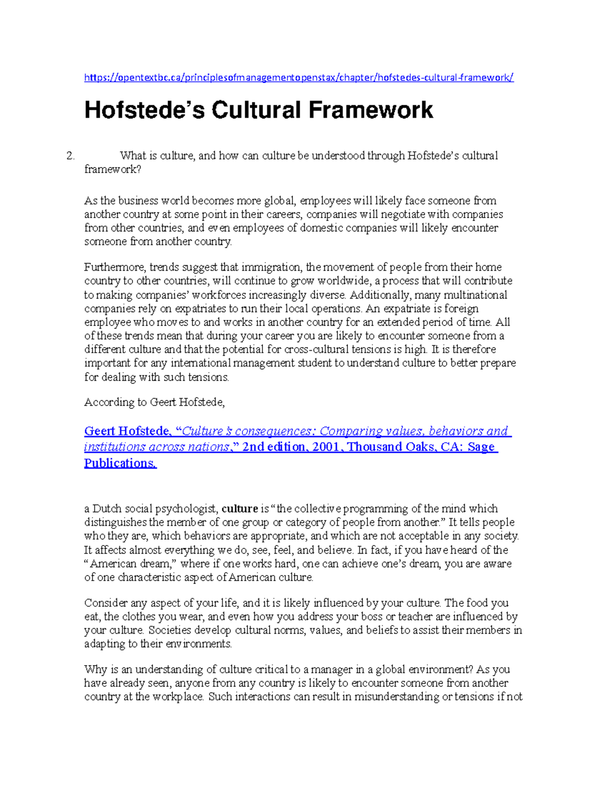 Hofstedes cultural framework - - Studocu