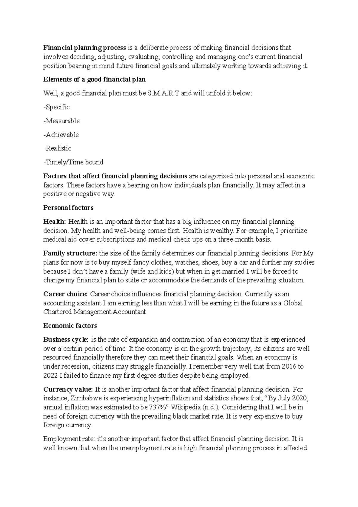 Discussion Assignment Week 1 Personal Finance - Financial planning ...