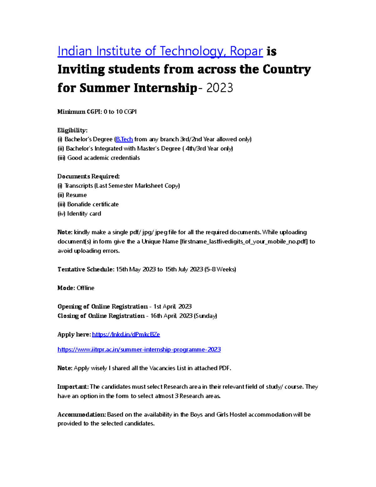 IIT Ropar Internship - Indian Institute of Technology, Ropar - 2023 ...