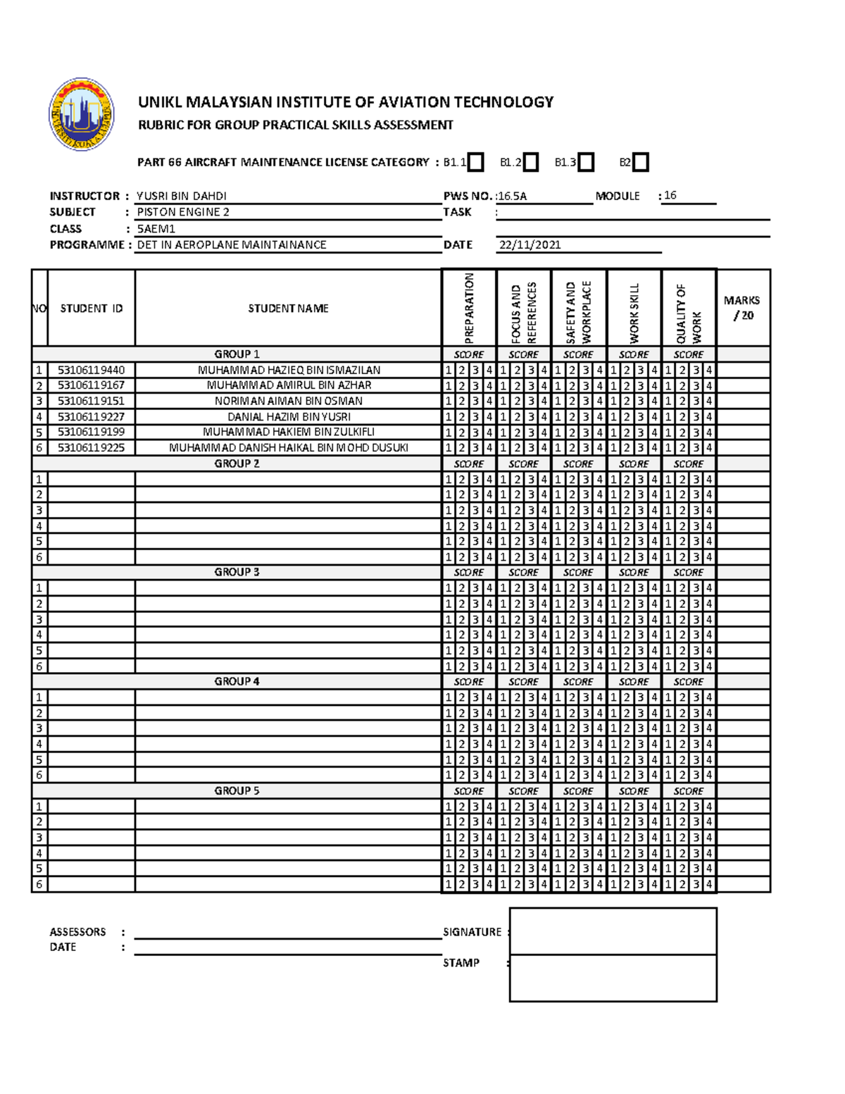 Rubrics FOR Practical-converted - INSTRUCTOR : YUSRI BIN DAHDI SUBJECT ...