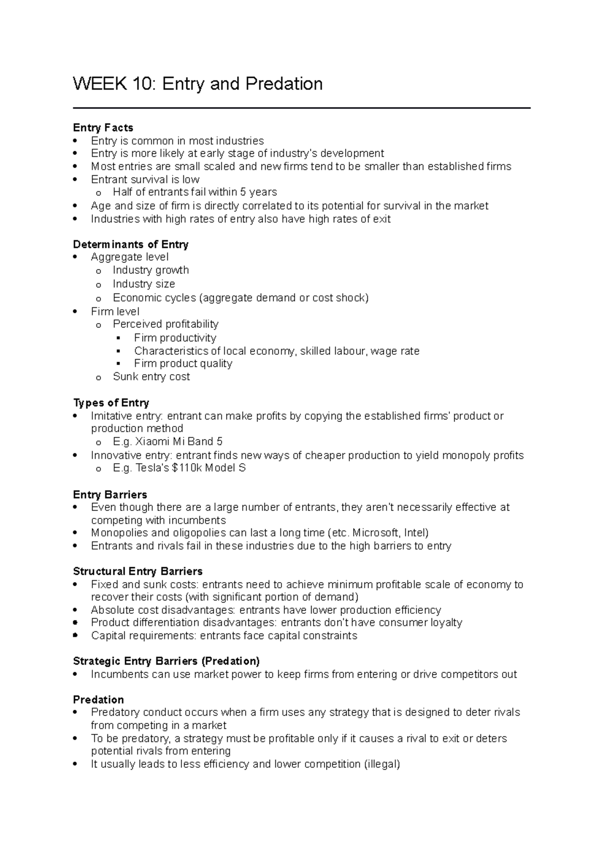ECON3121 WK10 Notes - WEEK 10: Entry and Predation Entry Facts Entry is ...