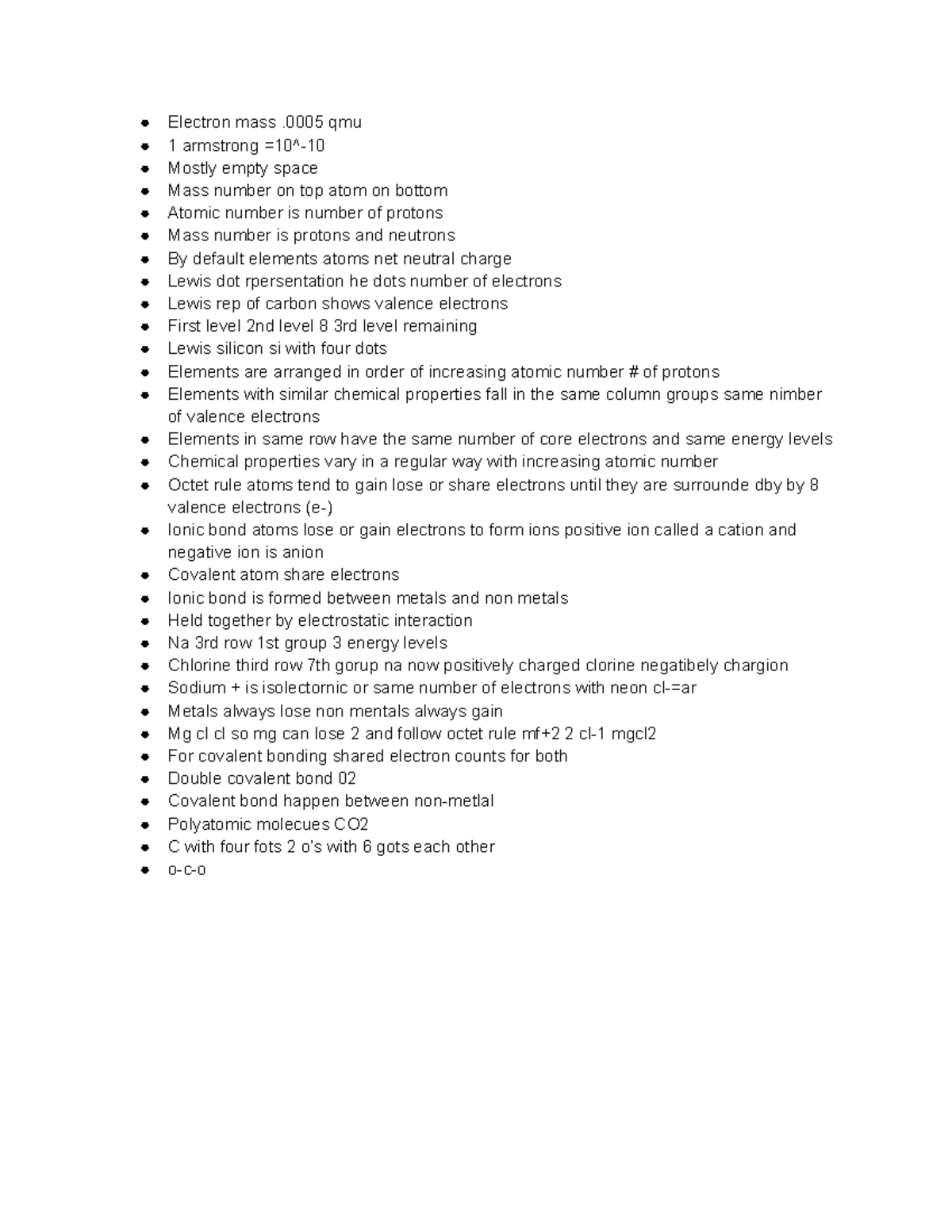 Chem class #4 notes - Electron mass .0005 qmu 1 armstrong =10^- Mostly ...
