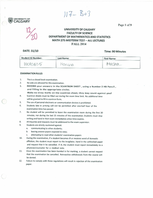 Formula Sheet - MATH 275 - Studocu
