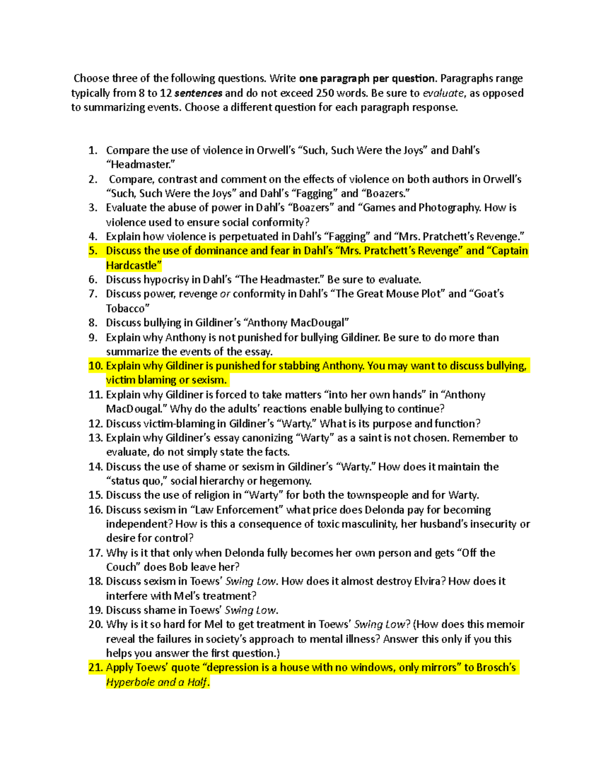 Final paragraphs exams - Choose three of the following questions. Write ...