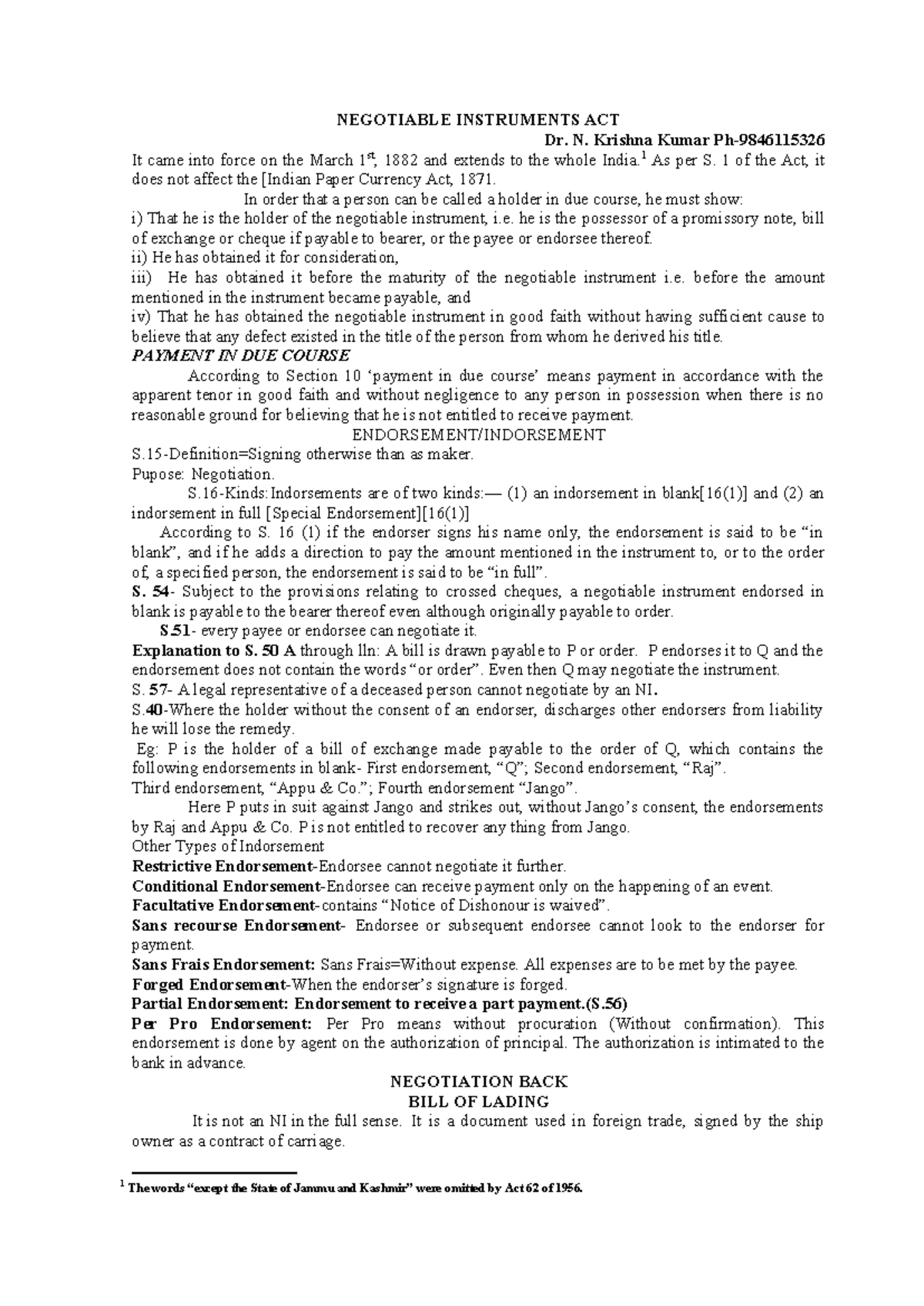 Notes on Negotiable Instruments Act - NEGOTIABLE INSTRUMENTS ACT Dr. N ...