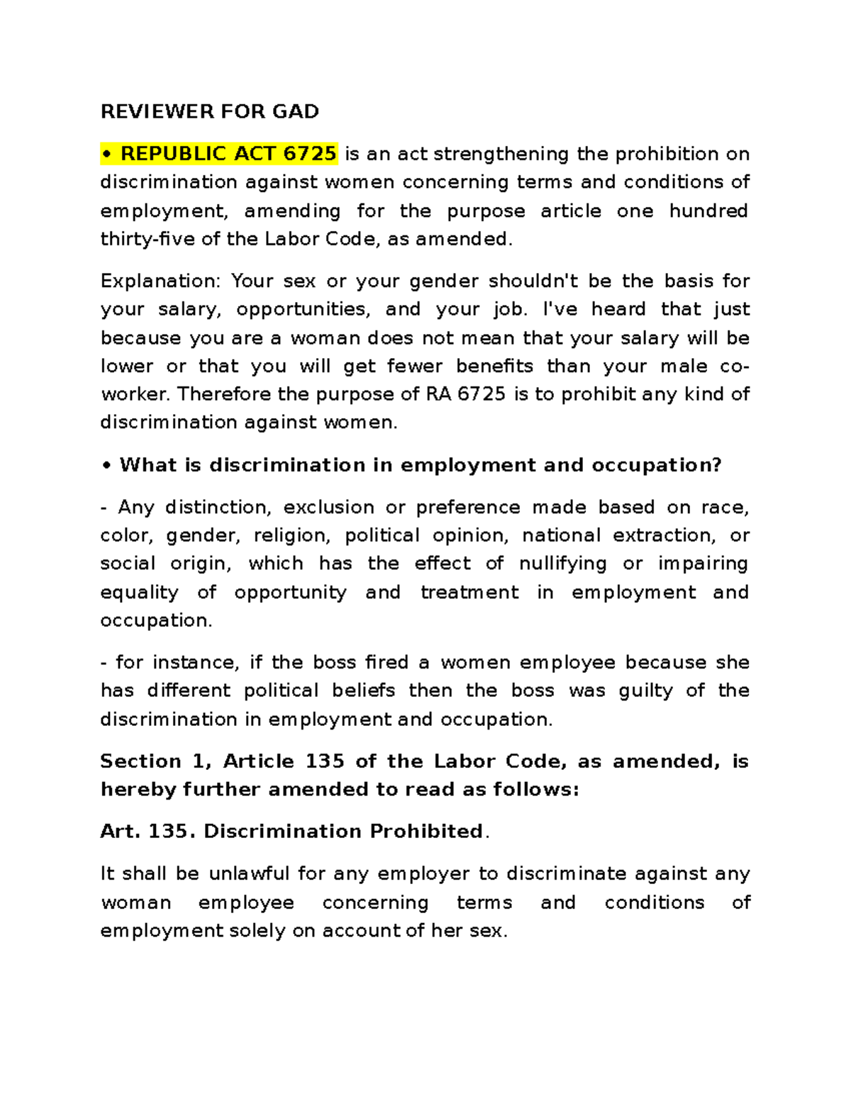 MY Reviewer - A good writter - REVIEWER FOR GAD REPUBLIC ACT 6725 is an ...