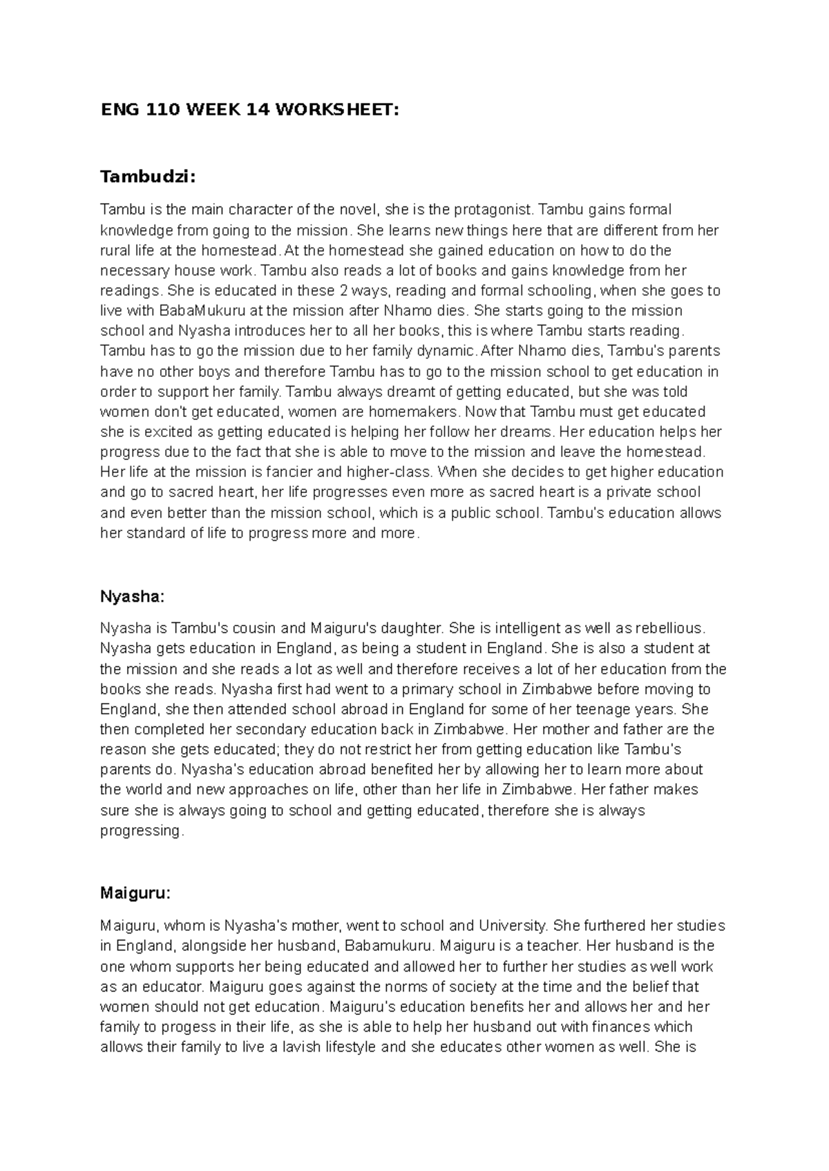 ENG 110 WEEK 14 Worksheet- Nervous Conditions. - ENG 110 WEEK 14 ...