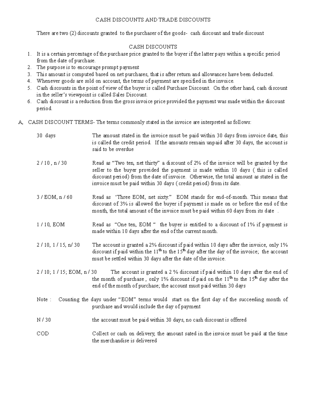 Cash Discounts - CASH DISCOUNTS AND TRADE DISCOUNTS There are two (2 ...