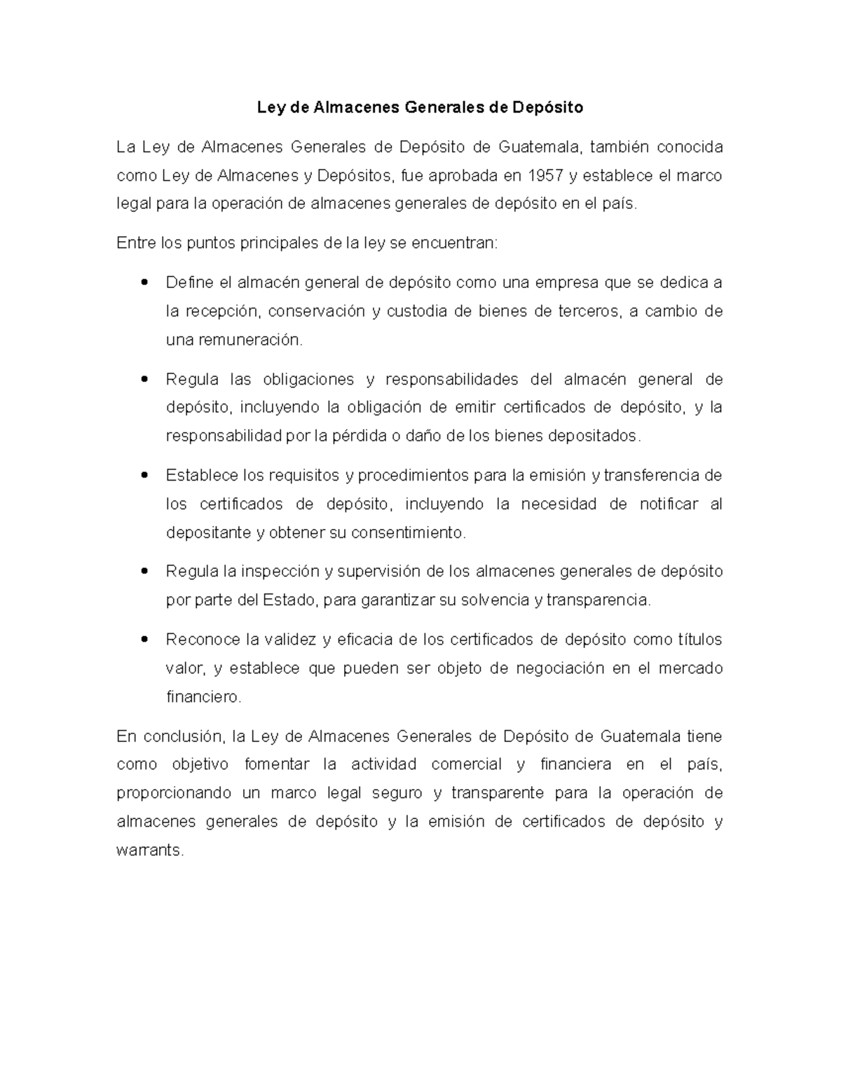 Resumen de la Ley de Almacenes Generales de Depósito - Ley de Almacenes ...