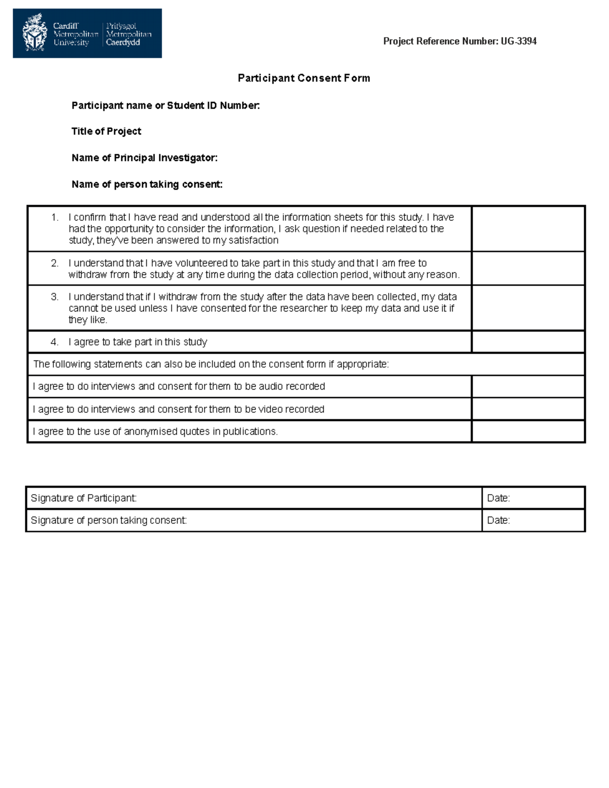 Participant Consent Form - Project Reference Number: UG- Participant ...