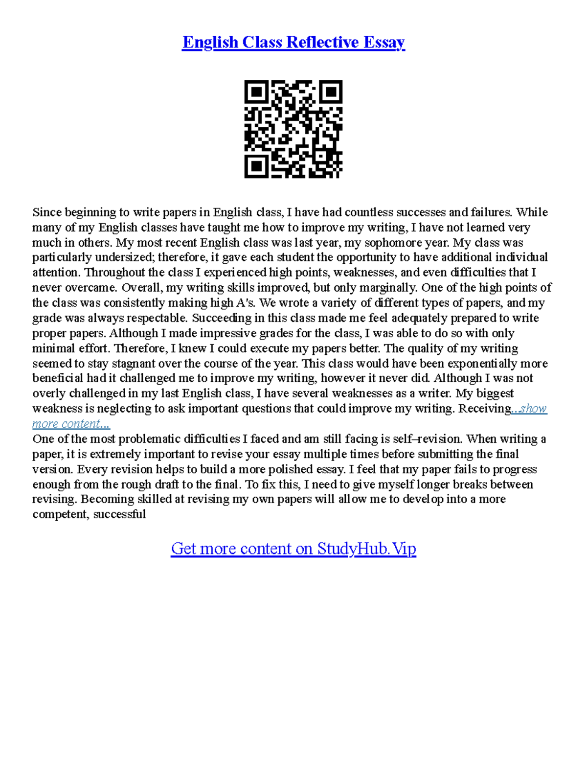 Sample Of English Essay - English Class Reflective Essay Since ...