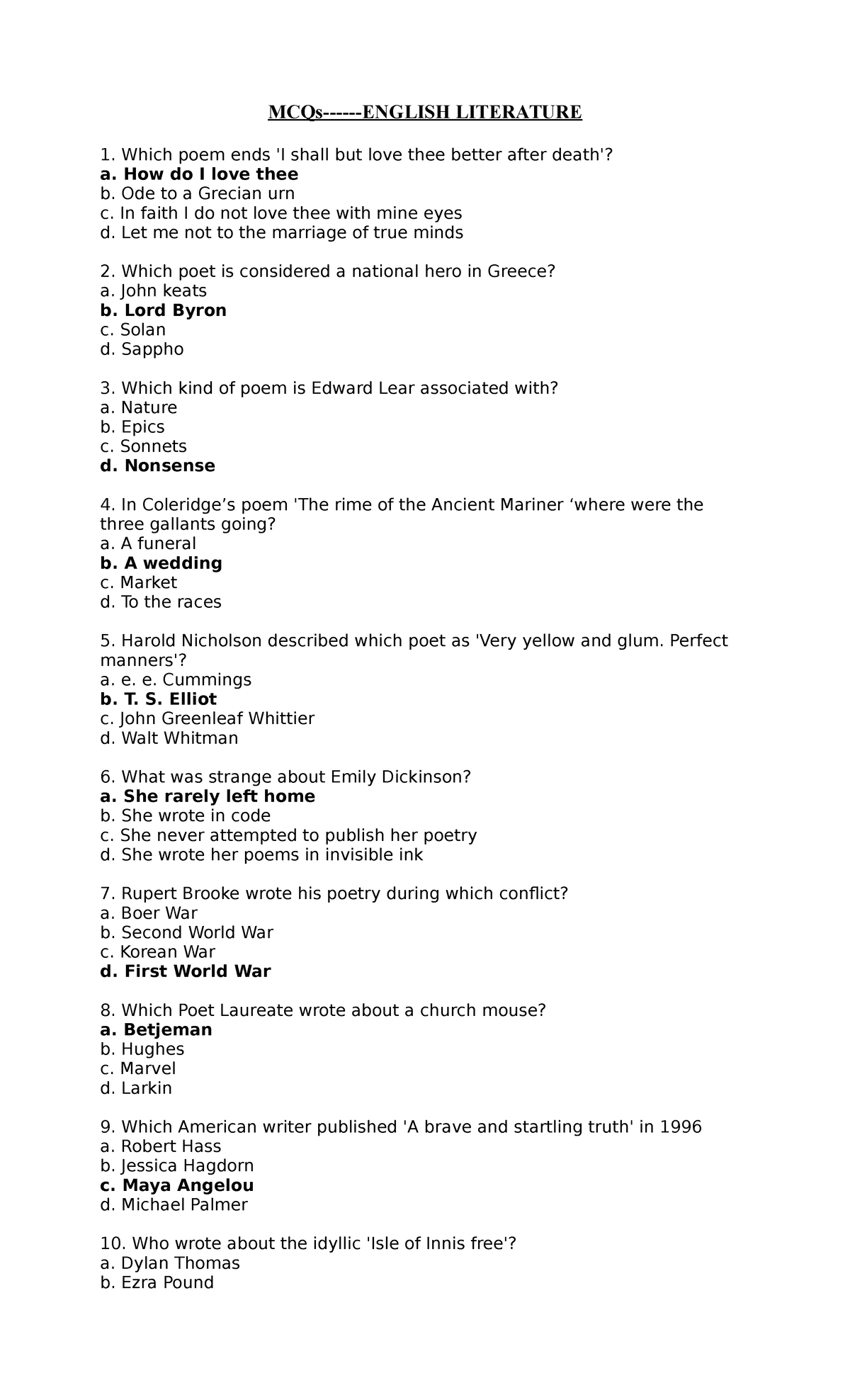 267489415-MCQs-Literature - MCQs-ENGLISH LITERATURE Which poem ends 'I ...