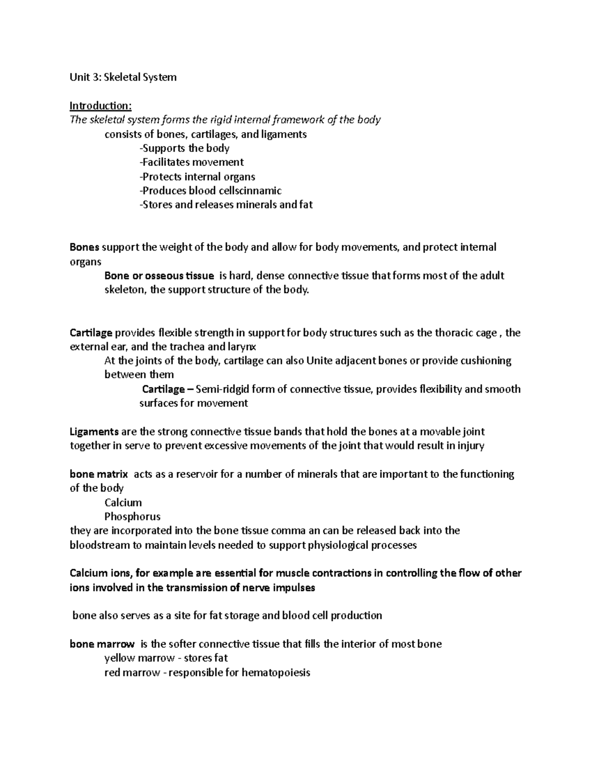Unit 3 notes - Unit 3: Skeletal System Introduction: The skeletal ...