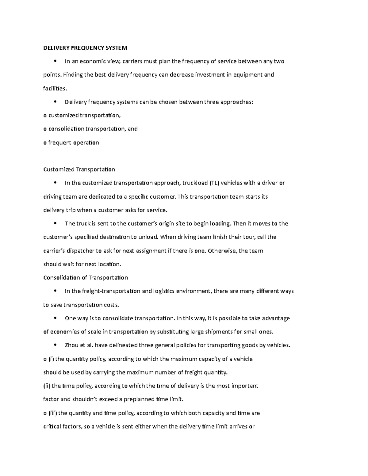 Basic Aspects in Transportation Systems ( Delivery Frequency System ...