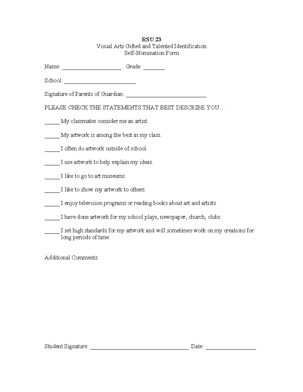 GT Self Nom Form Art - Self nomination form - RSU 23 Visual Arts Gifted ...