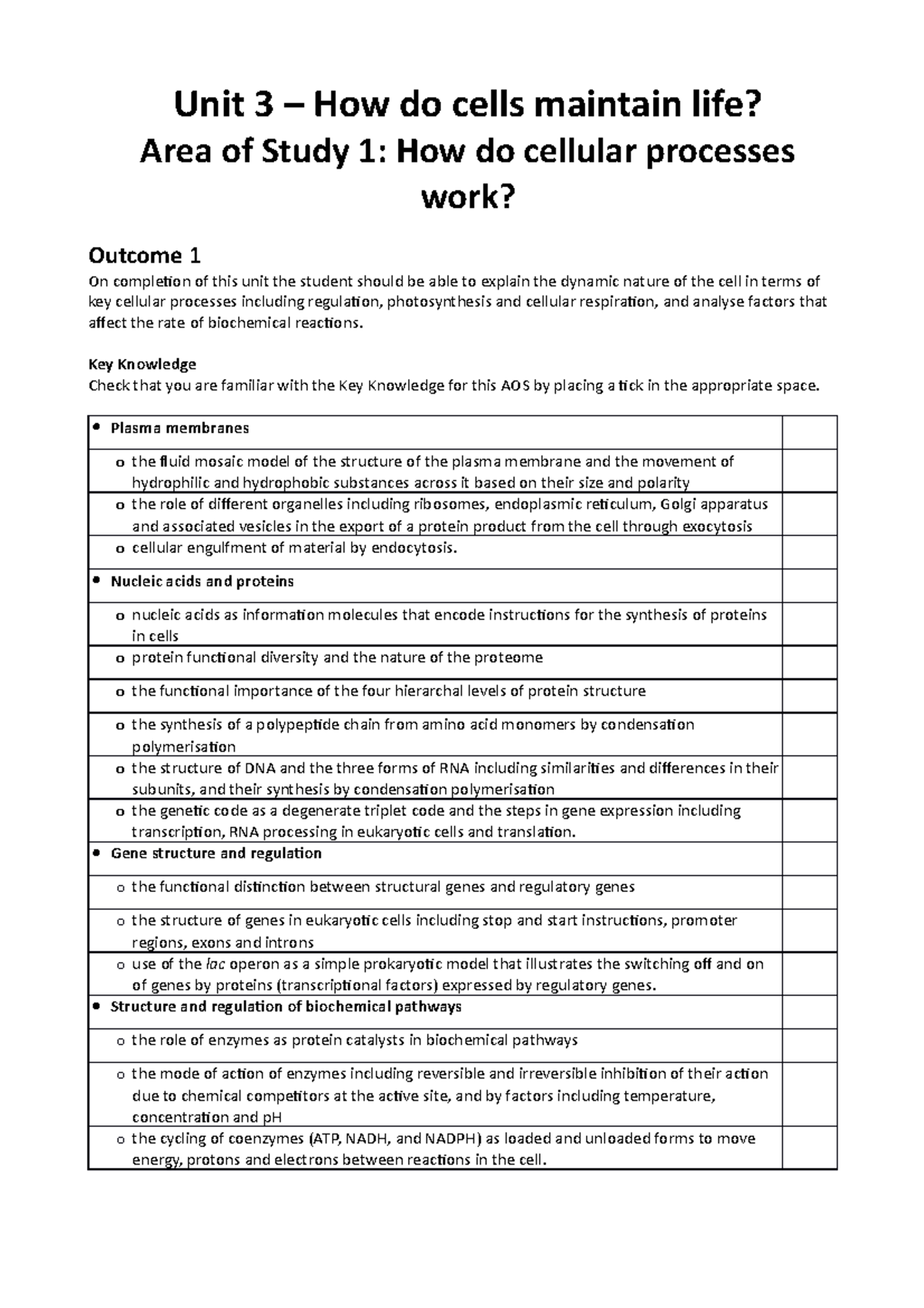 Biology Unit 3 AOS1 notes - Unit 3 – How do cells maintain life? Area ...
