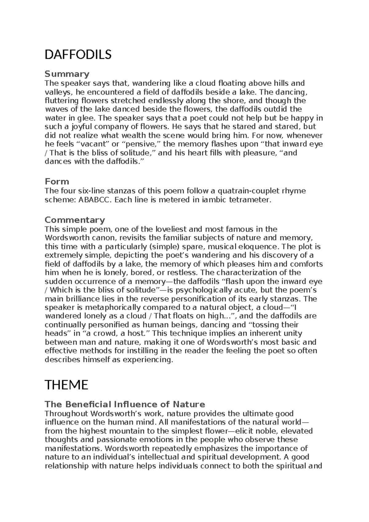 Daffodils - summary and explanation - DAFFODILS Summary The speaker ...