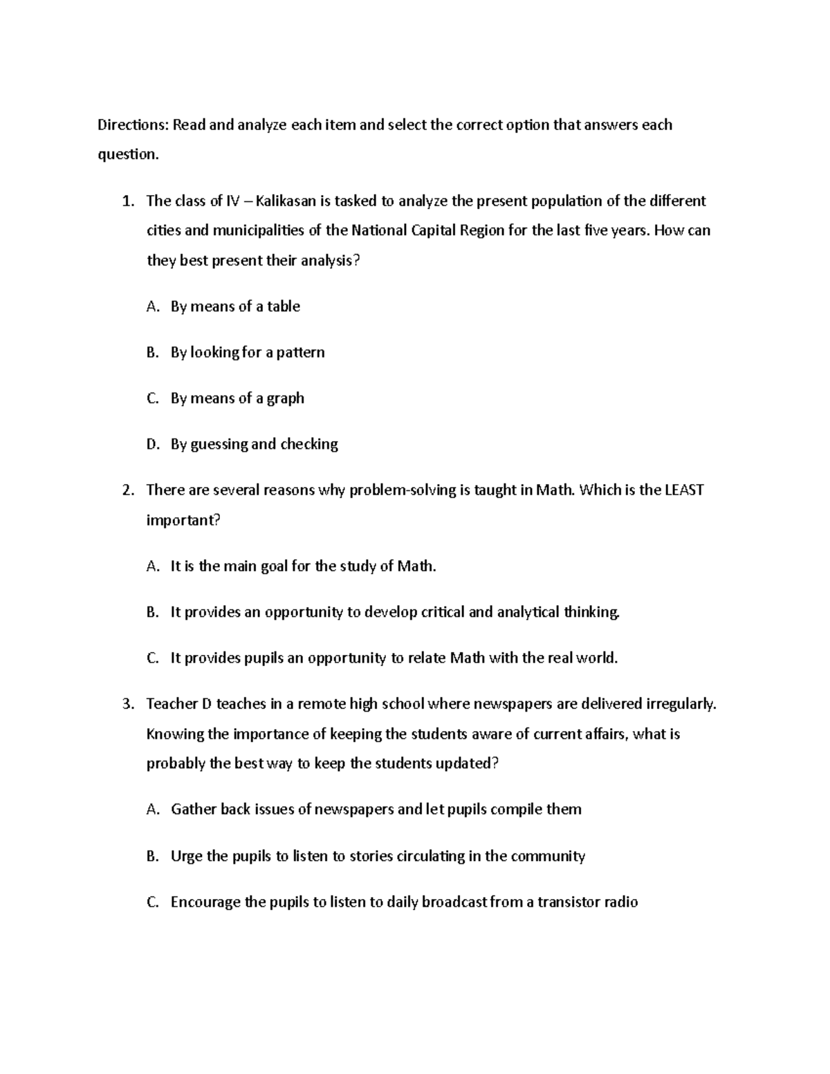Exam 2015, questions - Directions: Read and analyze each item and ...