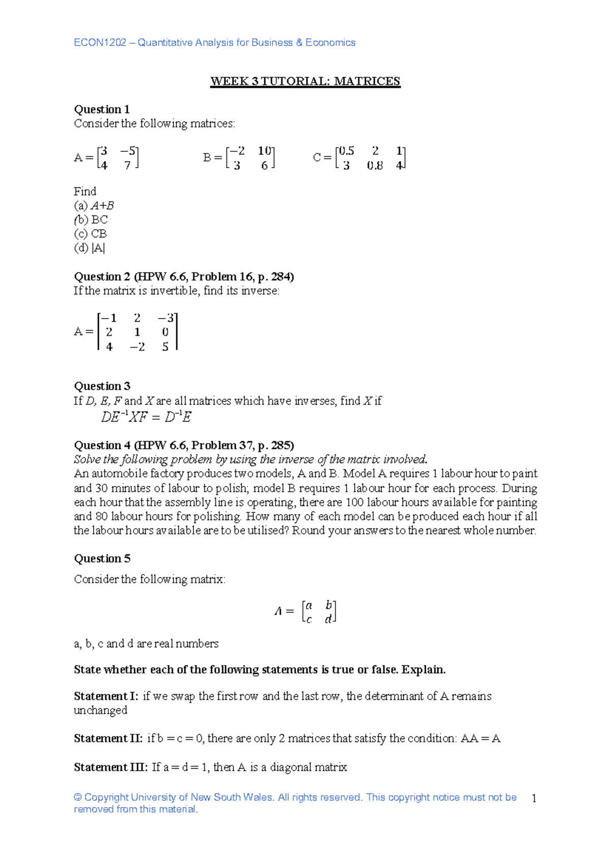 Week 3 Tutorial - ECON1202 – Quantitative Analysis for Business & Economics © Copyright - Studocu