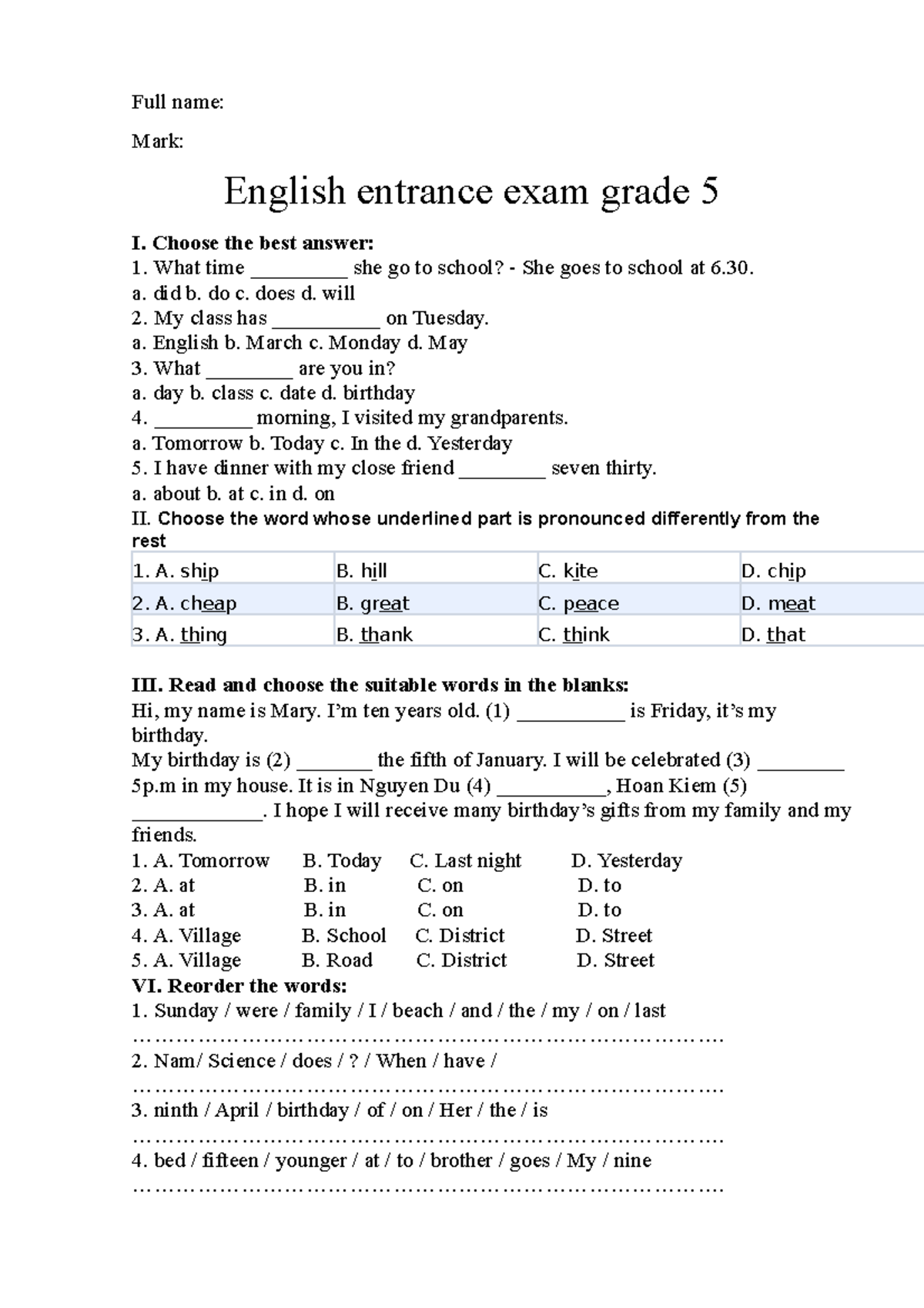 Test entrance - testing your ability - Full name: Mark: English ...