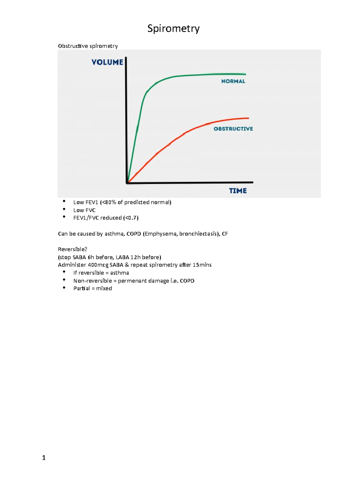 Spirometry - Lecture notes 1 - Spirometry Obstructive spirometry Low FEV1